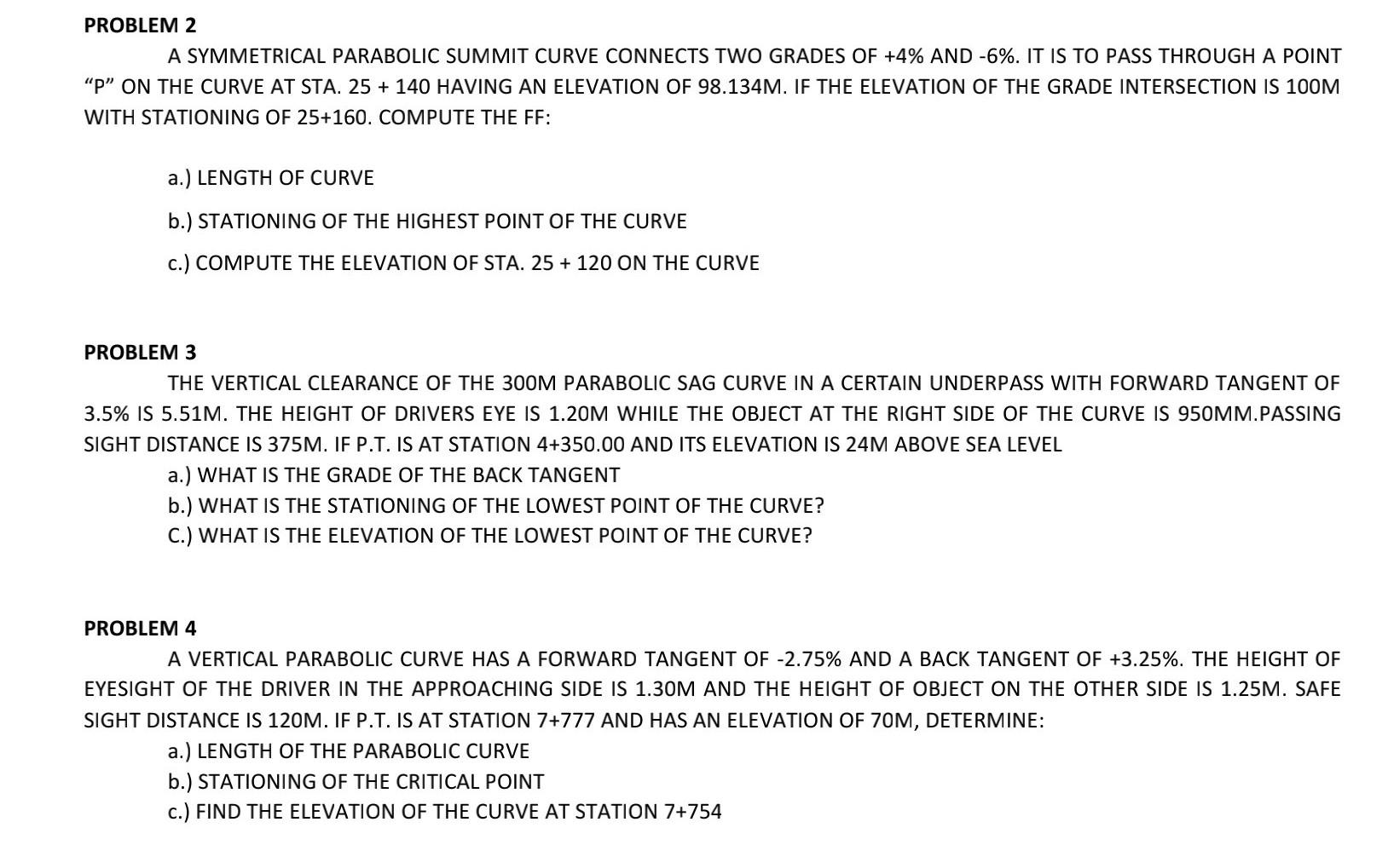 Solved PROBLEM 2 A SYMMETRICAL PARABOLIC SUMMIT CURVE | Chegg.com