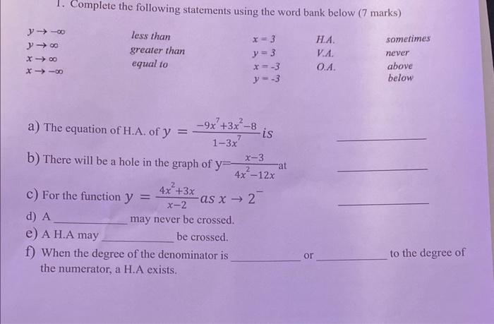 Solved 1. Complete the following statements using the word | Chegg.com