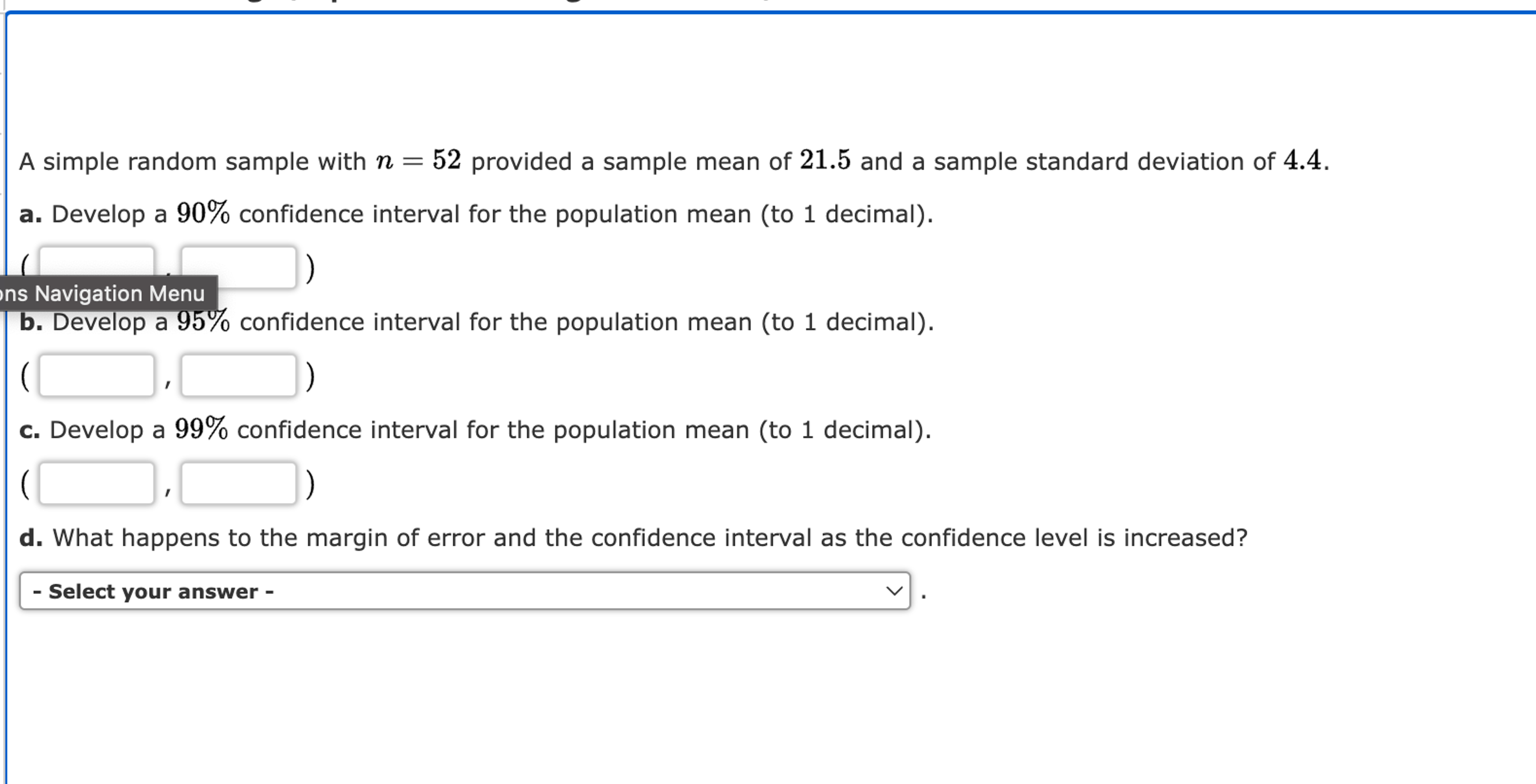 Solved A simple random sample with n=52 ﻿provided a sample | Chegg.com