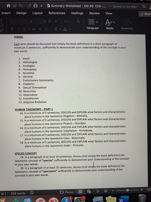 Solved Ô svo - Summary Worksheet - SW #5 Ch5 -... -Saved to | Chegg.com