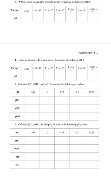 Solved 6. Calculate [H+],[OH−],pH and pKb for each of the | Chegg.com