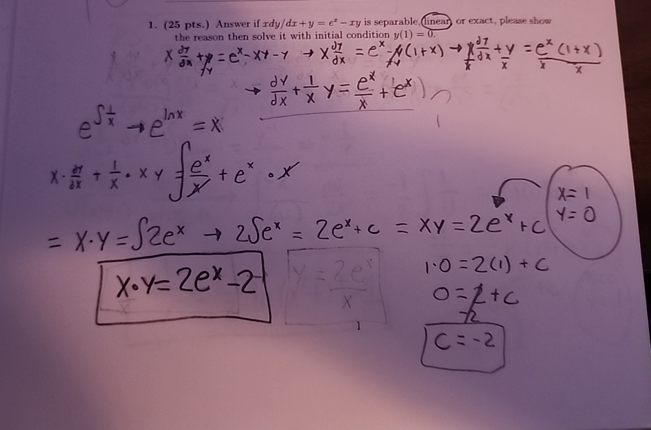 Solved (25 ﻿pts.) ﻿Answer if xdydx+y=ex-xy ﻿is separable, | Chegg.com