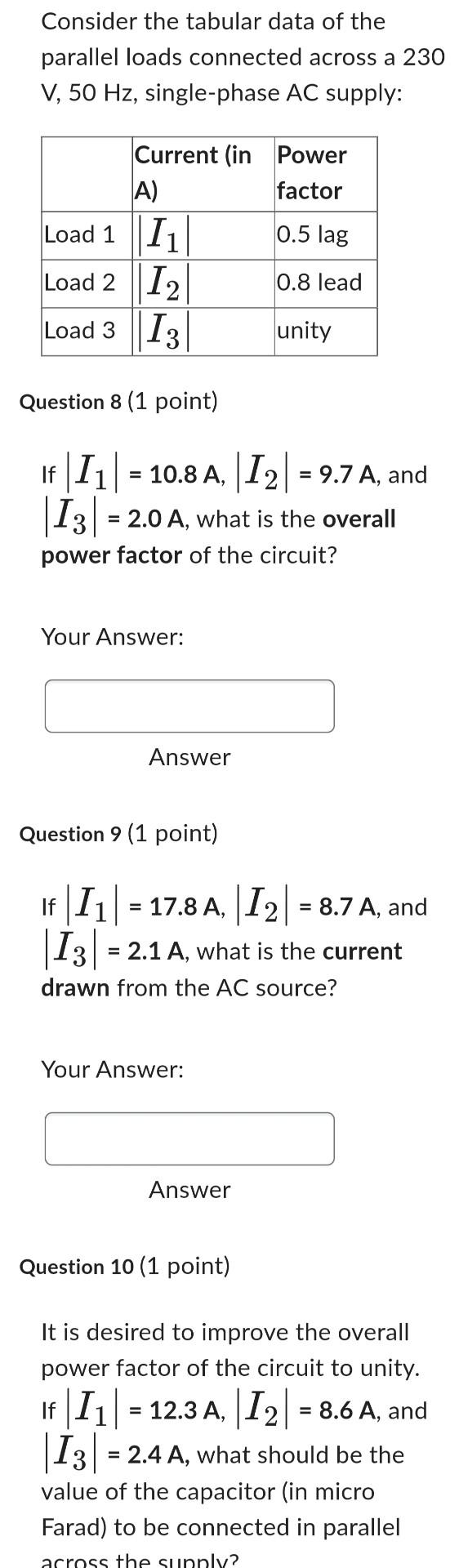 Solved Consider the tabular data of the parallel loads | Chegg.com