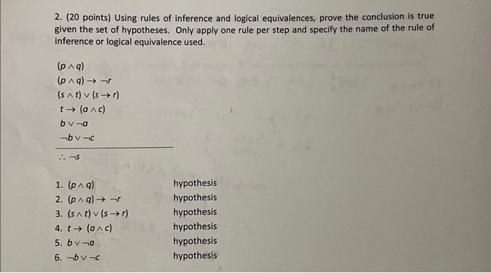 2. ( 20 points) Using rules of inference and logical | Chegg.com