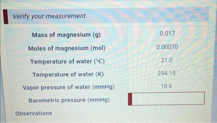 Solved Verify your measurement Mass of magnesium (g) 0.017 | Chegg.com