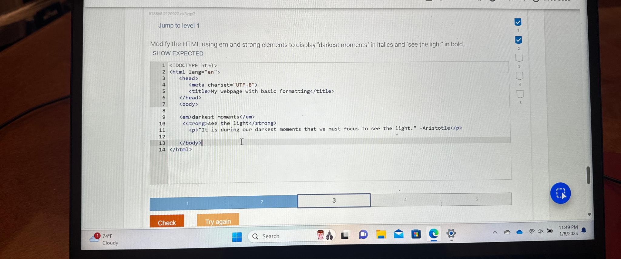 Solved Need help pleaseModify the HTML using em and strong | Chegg.com