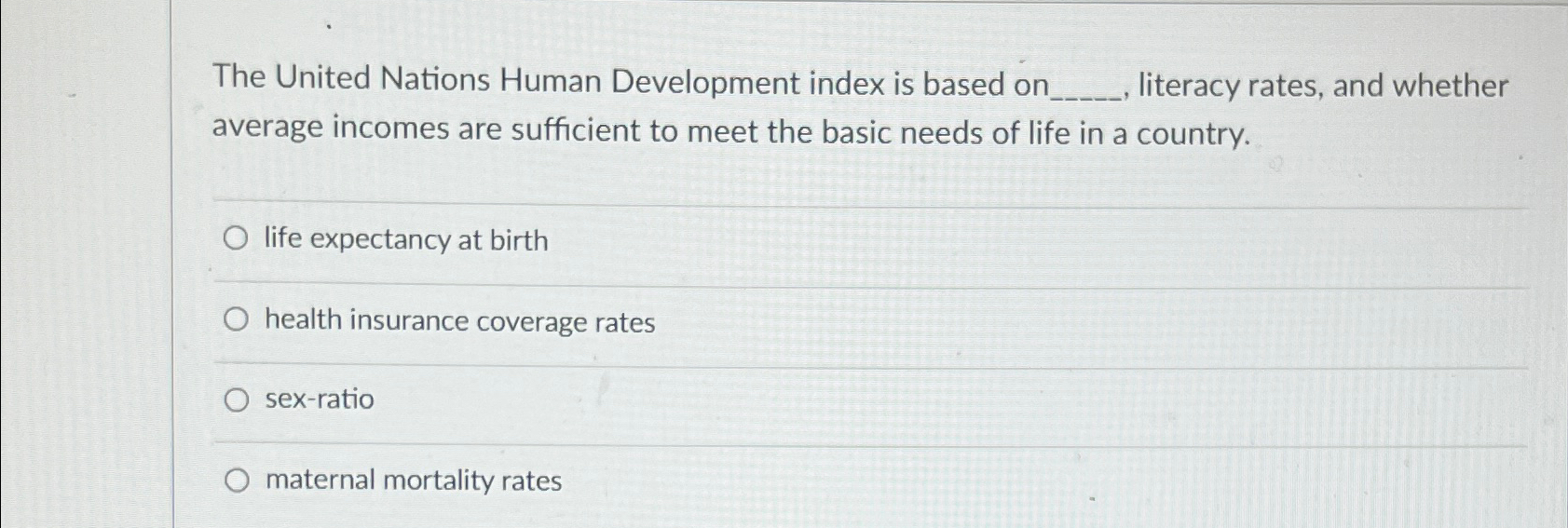 Solved The United Nations Human Development index is based | Chegg.com