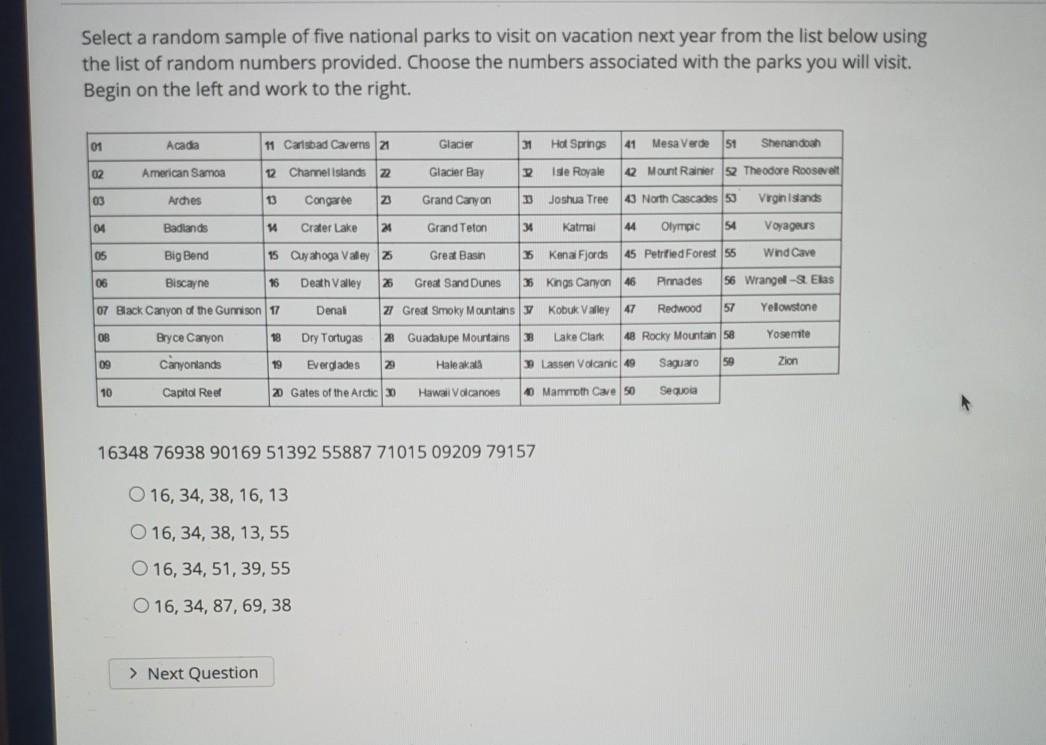 Solved Select a random sample of five national parks to | Chegg.com
