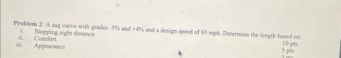 Solved Problem 2: A sag curve with grades −5% and +4% and a | Chegg.com
