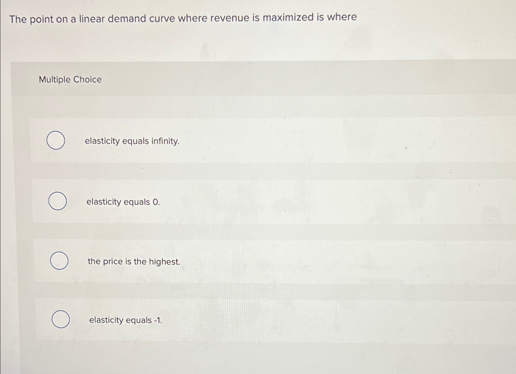 Solved The point on a linear demand curve where revenue is | Chegg.com