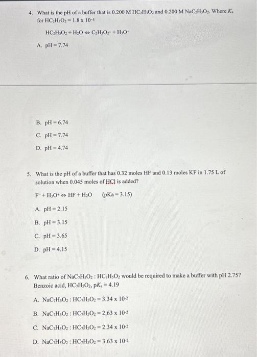 Solved 4. What is the pH of a buffer that is 0.200MHC2H3O2 | Chegg.com