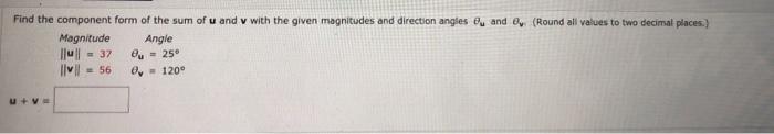 Solved Find the component form of the sum of u and v with | Chegg.com