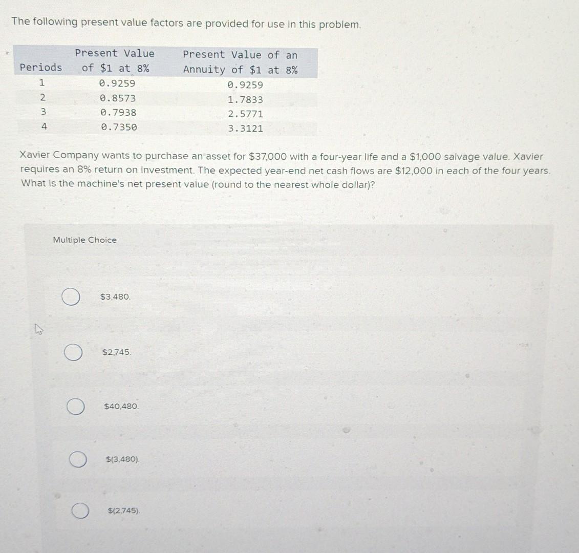 Solved The following present value factors are provided for | Chegg.com