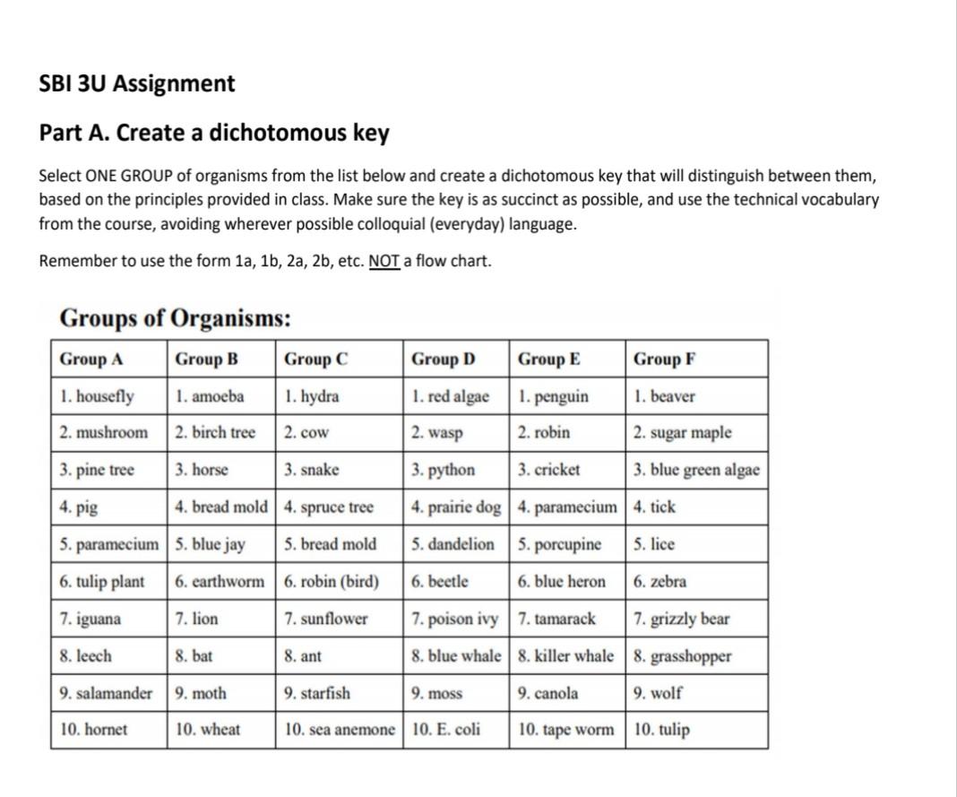Solved SBI 30 Assignment Part A. Create a dichotomous key | Chegg.com