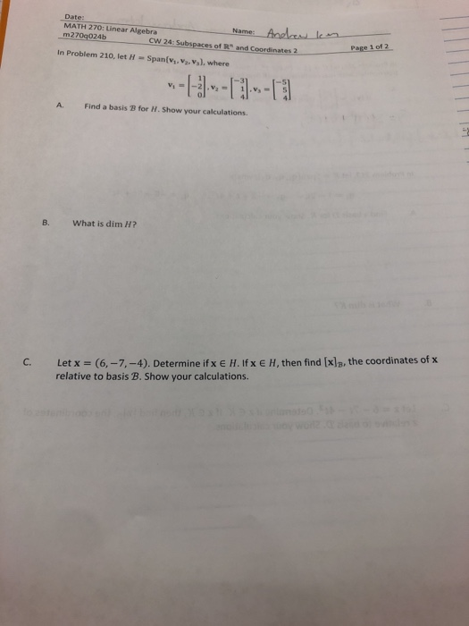 Solved Date: MATH 270: Linear Algebra m2704024b - Name: | Chegg.com