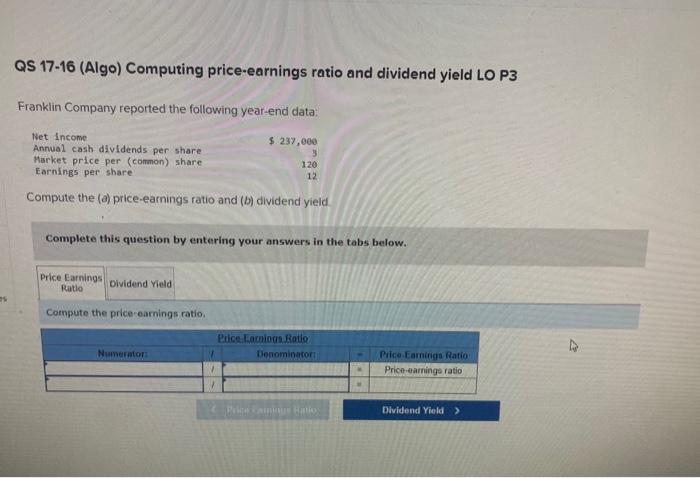 Solved QS 17-16 (Algo) Computing price-earnings ratio and | Chegg.com