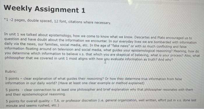 Weekly Assignment 1 *1-2 pages, double spaced, 12 | Chegg.com