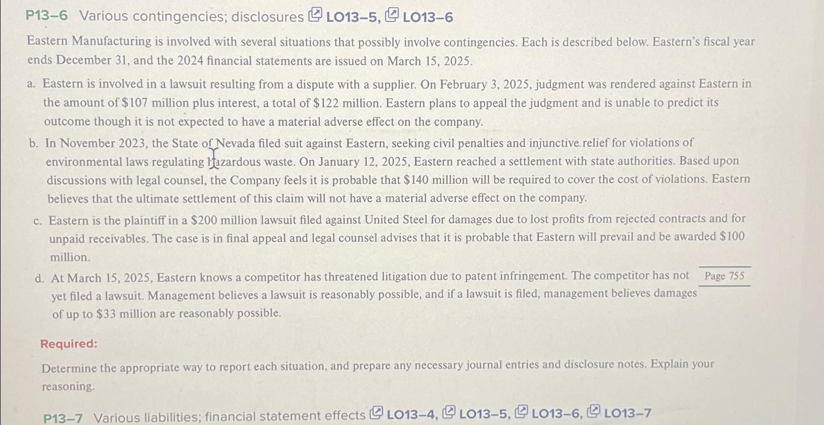 Solved P13-6 ﻿Various contingencies; disclosures [ | Chegg.com