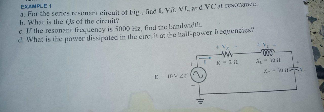Solved EXAMPLE 1 a. For the series resonant circuit of Fig., | Chegg.com