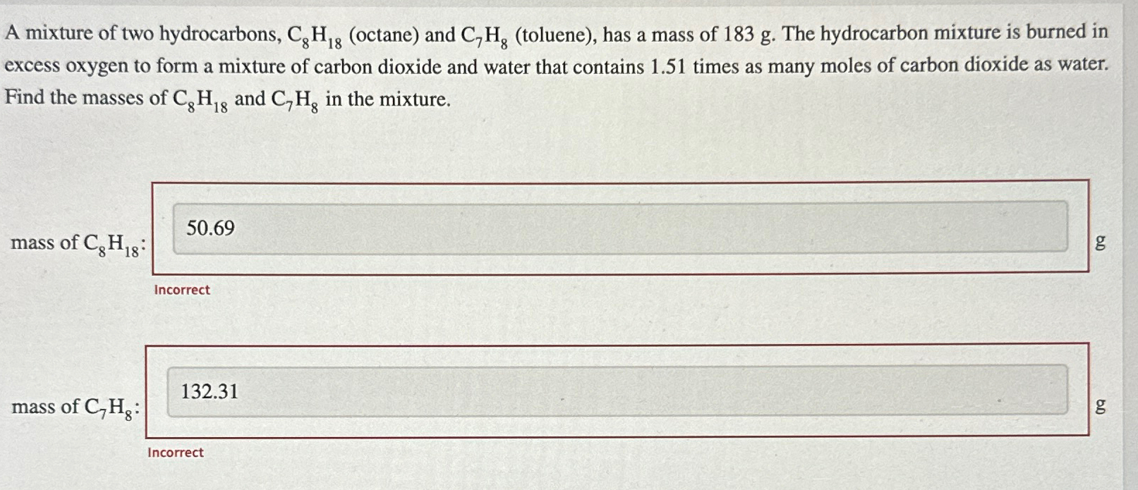Solved A mixture of two hydrocarbons, C8H18 (octane) ﻿and | Chegg.com