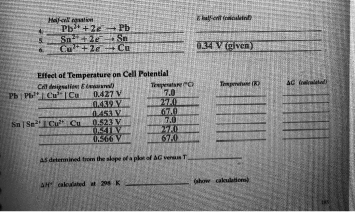 Solved E half-cell (calculated Half-cell equation Pb2+ + 2e | Chegg.com
