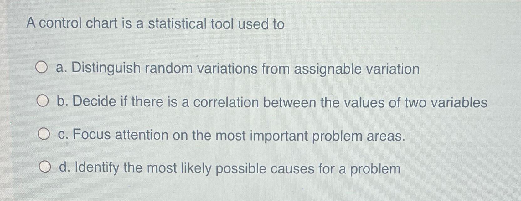 Solved A control chart is a statistical tool used toa. | Chegg.com
