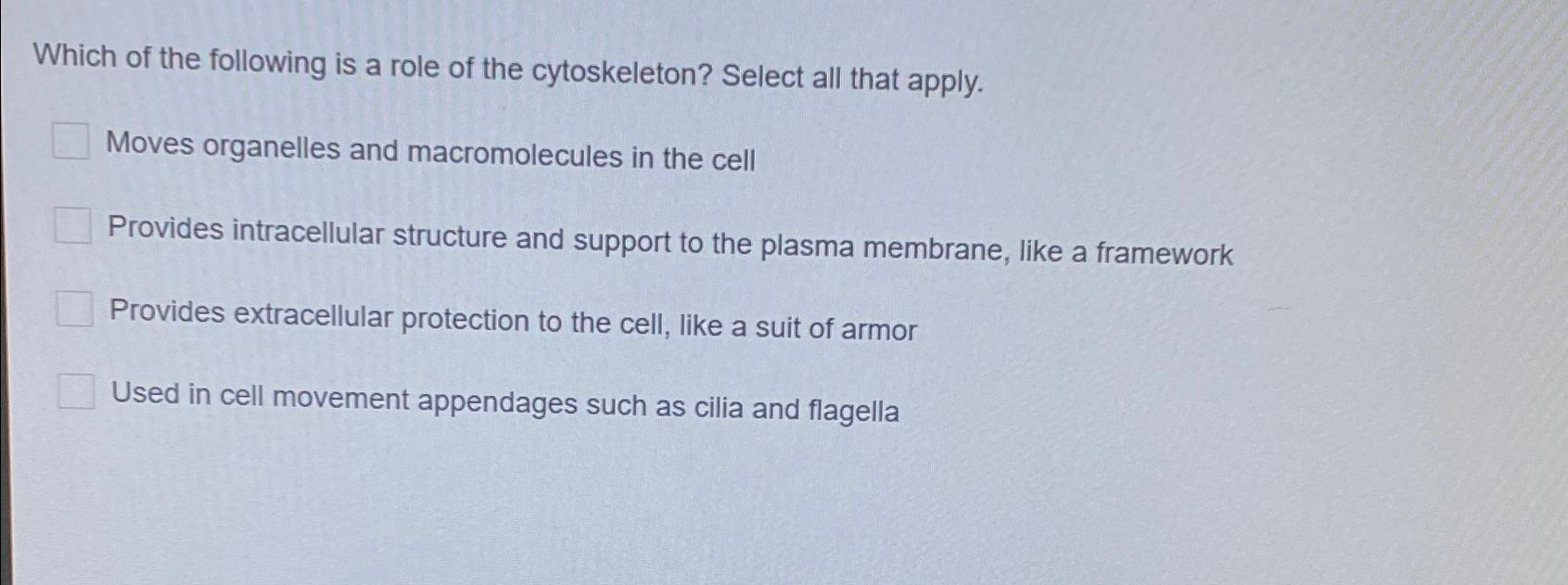 Solved Which of the following is a role of the cytoskeleton? | Chegg.com