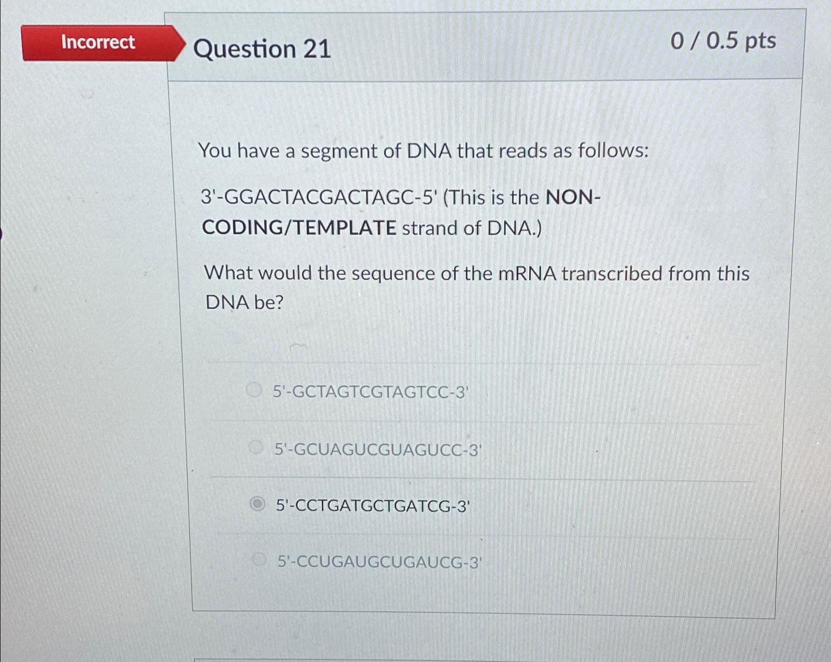 Solved IncorrectQuestion 2100.5ptsYou have a segment of DNA | Chegg.com