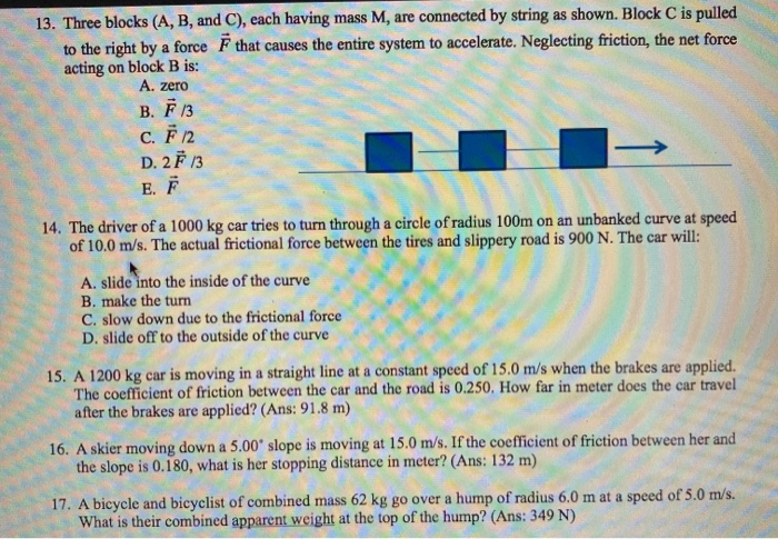 Solved 13. Three blocks (A, B, and C), each having mass M, | Chegg.com