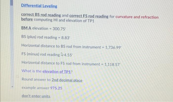 Solved Differential Leveling correct BS rod reading and | Chegg.com