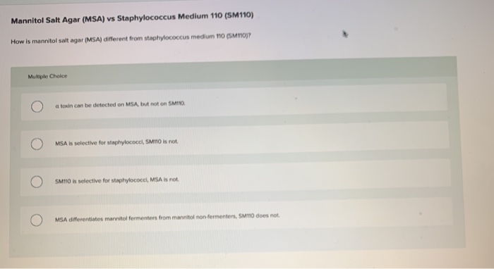 Solved Mannitol Salt Agar (MSA) vs Staphylococcus Medium 110 | Chegg.com
