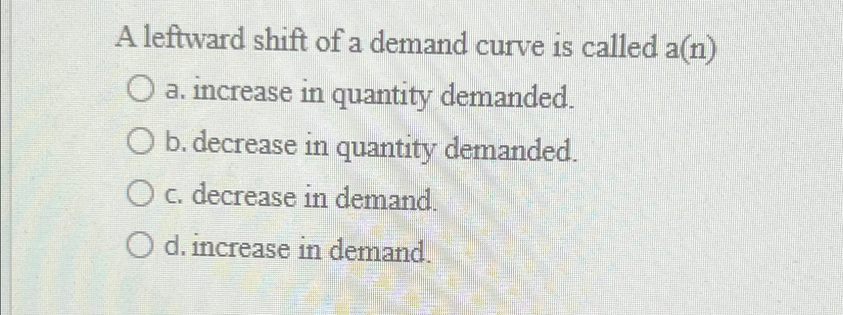 Solved A leftward shift of a demand curve is called a(n)a. | Chegg.com