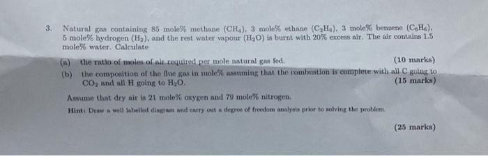 Solved Natural gas containing 85 mole\% methane (CH4),3 | Chegg.com