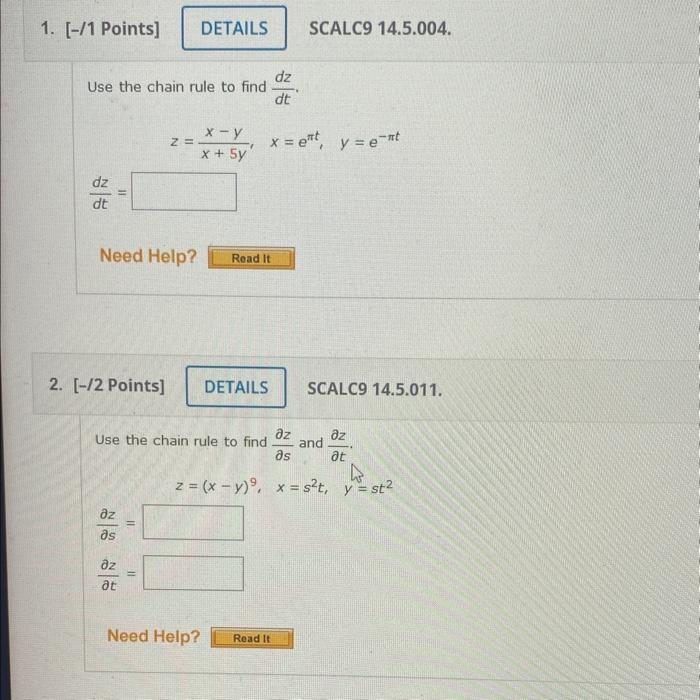 Solved SCALC9 14.5.004. Use the chain rule to find dtdz. | Chegg.com