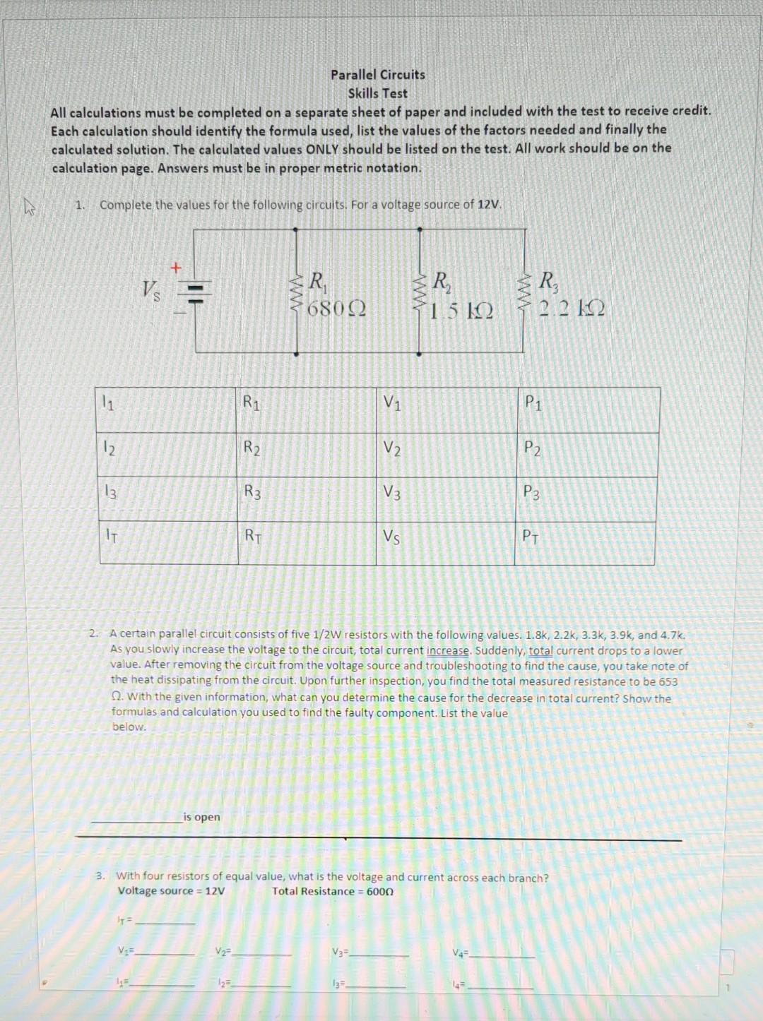 Solved Parallel Circuits Skills Test All calculations must | Chegg.com
