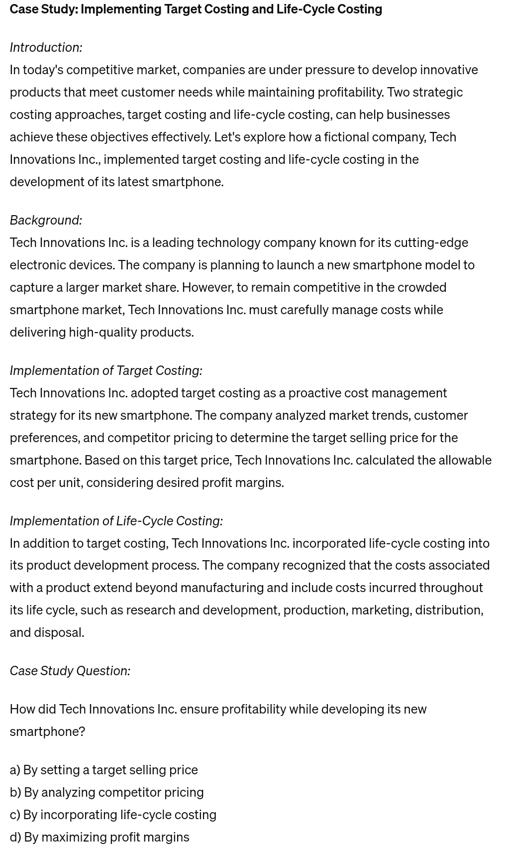 Solved Case Study: Implementing Target Costing and | Chegg.com
