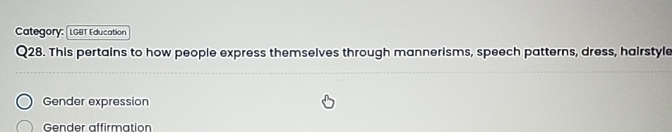Solved Category:Q28. ﻿This pertains to how people express | Chegg.com