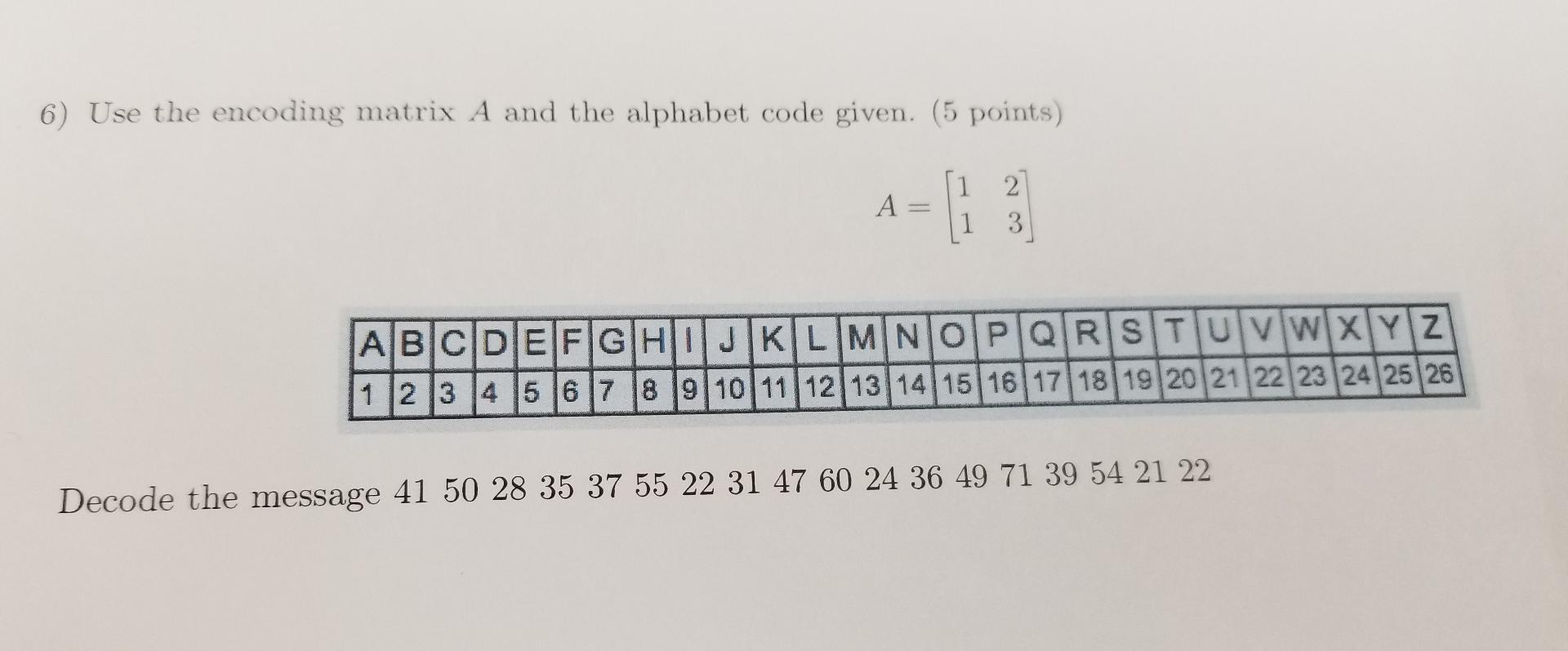 Solved 6) Use the encoding matrix A and the alphabet code | Chegg.com