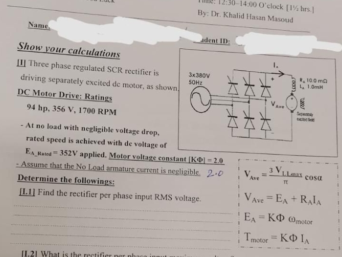 Solved Show vour calculations【II Three phase regulated SCR | Chegg.com
