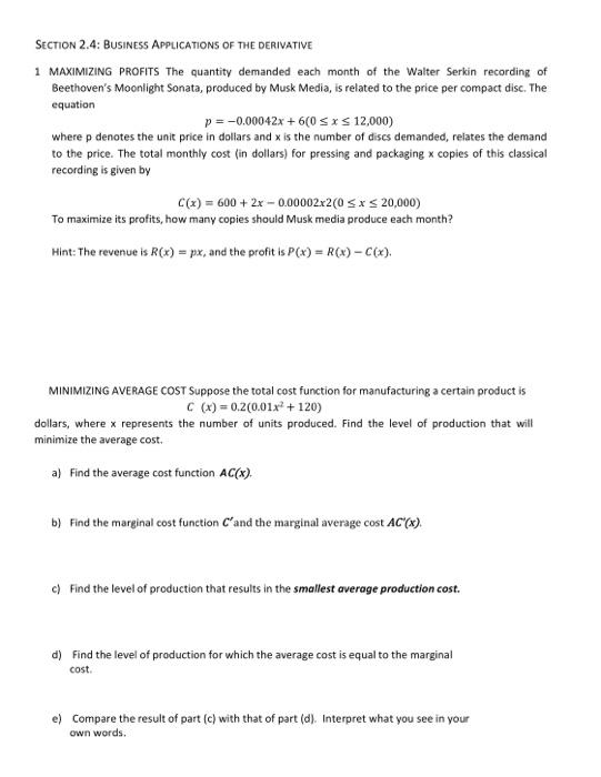 Solved SECTION 2.4: BuSINESS APPLICATIONS OF THE DERIVATIVE | Chegg.com