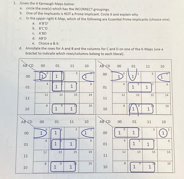 Solved Given the 4 Karnaugh Maps below: a. circle the one(s) | Chegg.com