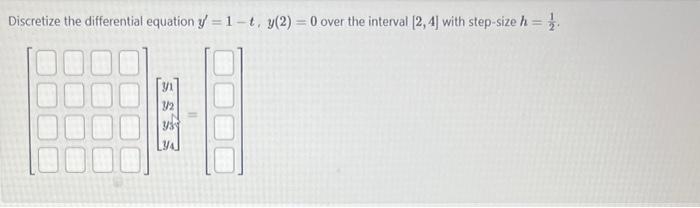 Solved Discretize the differential equation y′=1−t,y(2)=0 | Chegg.com