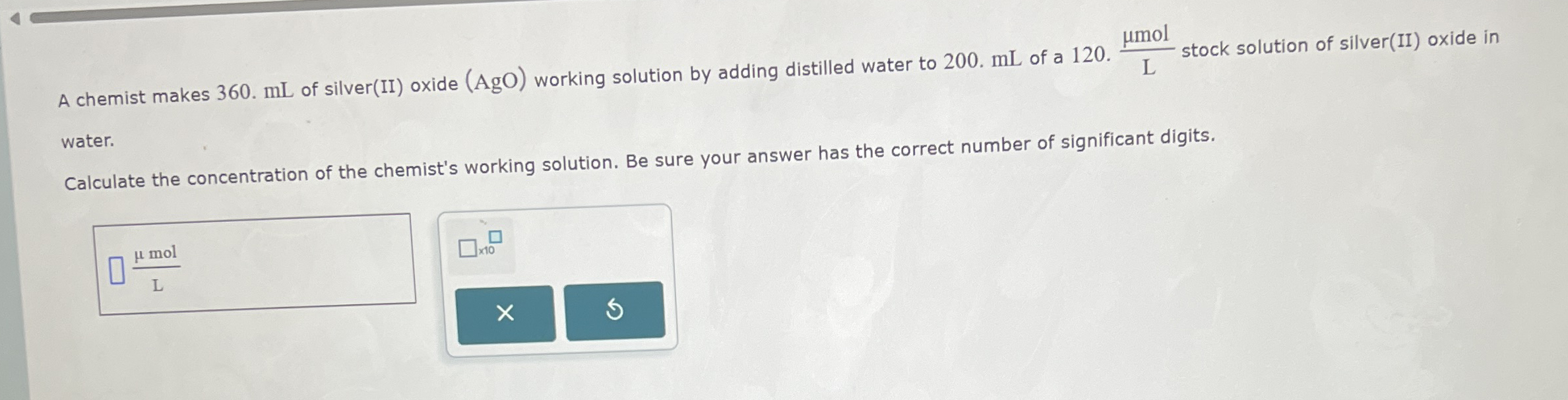 Solved A chemist makes 360 . ﻿mL of silver(II) ﻿oxide (AgO) | Chegg.com