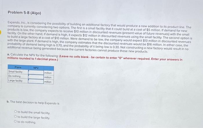 Solved Problem 5-8 (Algo) Expando, Inc., is considering the | Chegg.com