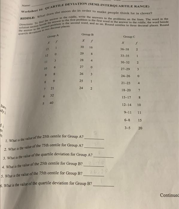 Solved Name: Worksheet 16: OUARTIL DEVIATION | Chegg.com