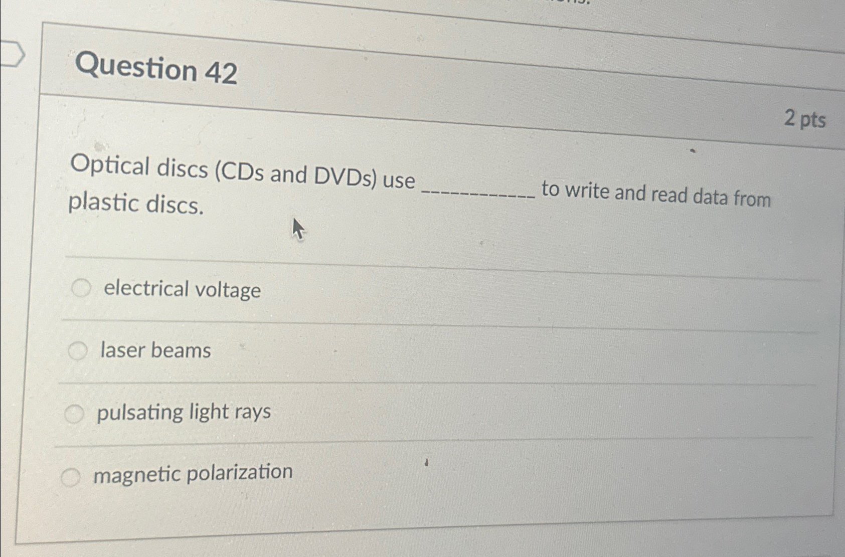 Solved Question 422 ﻿ptsOptical discs (CDs and DVDs) ﻿use | Chegg.com