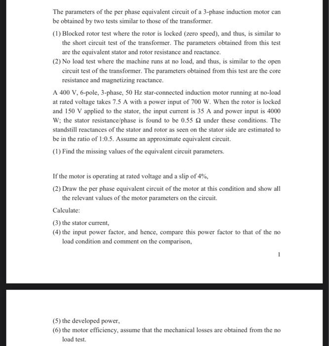 [solved] The Parameters Of The Per Phase Equivalent Circui