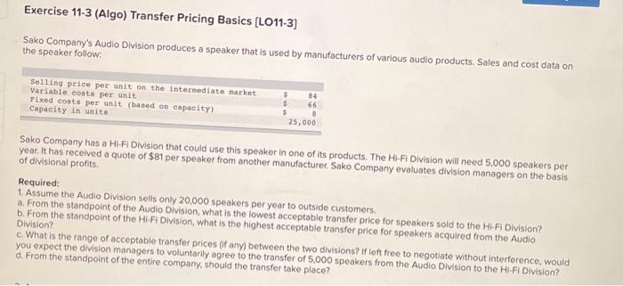 Solved Exercise 11-3 (Algo) Transfer Pricing Basics [LO11-3) | Chegg.com