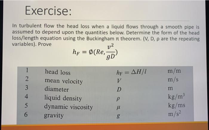 Solved Exercise: In turbulent flow the head loss when a | Chegg.com
