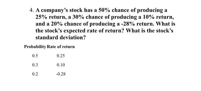 Solved 4. A company's stock has a 50% chance of producing a | Chegg.com